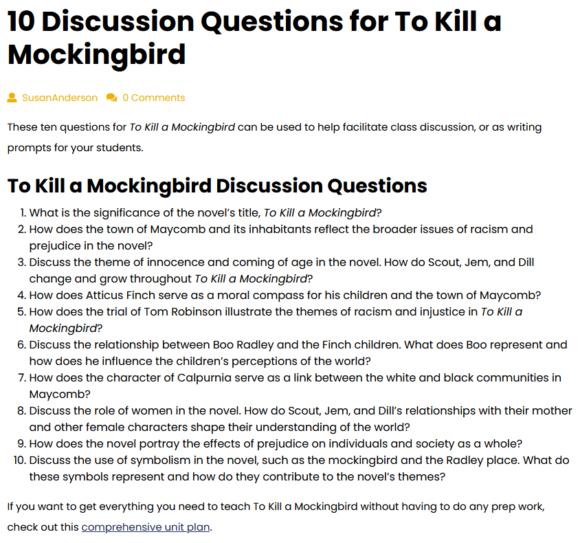 10 Quick Lesson Plan Ideas for To Kill a Mockingbird – Teaching To Kill ...